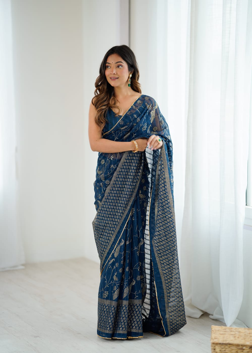 Navy Blue Georgette Saree With Digital Printed Work With Lace Border ...